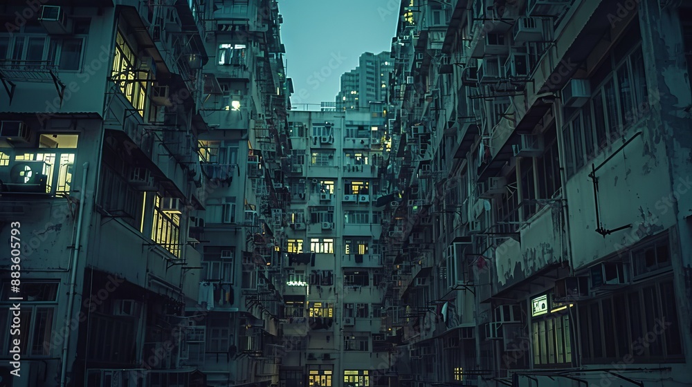 A close-up view of a backlit Hong Kong residential building at night ...
