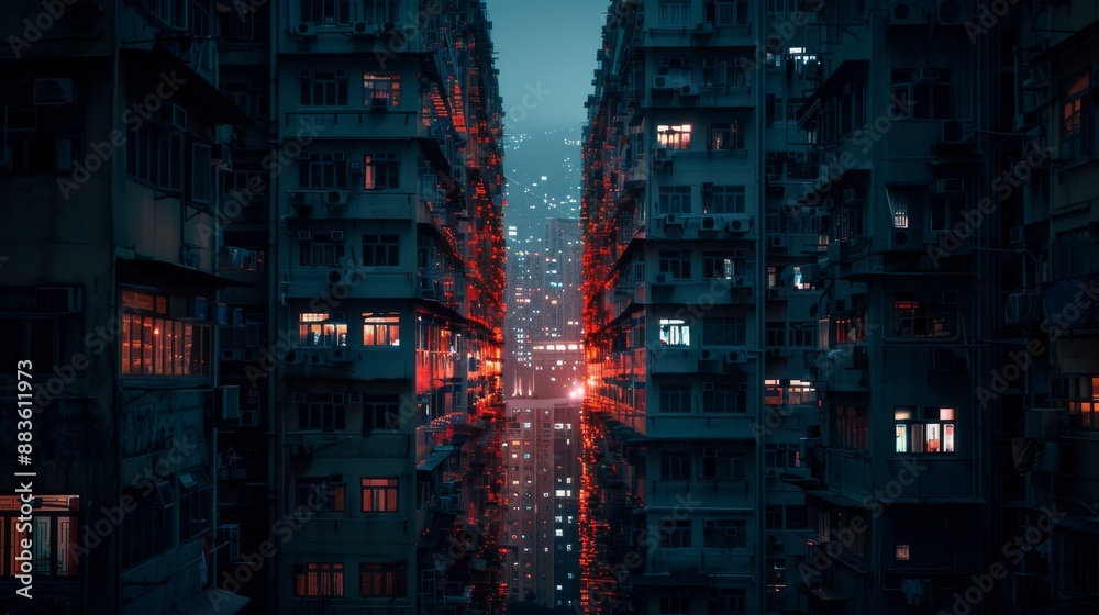 A close-up view of a backlit Hong Kong residential building at night ...