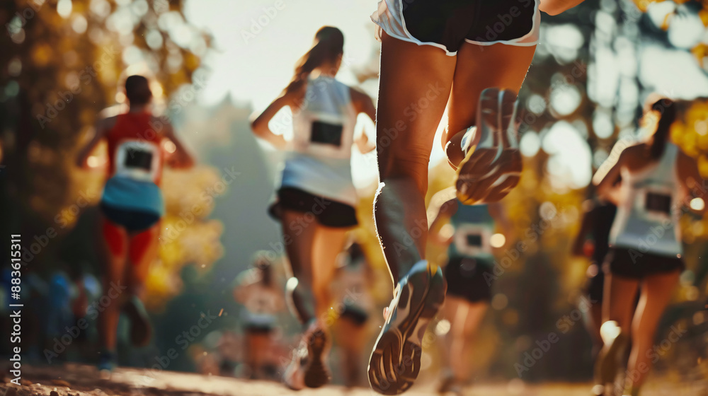 Dynamic group of girls in marathon race crossing the city track ...
