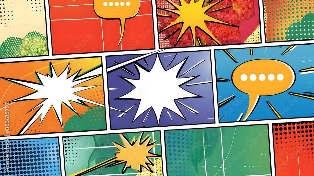 ภาพประกอบสต็อก Dynamic Comic Grid, Bold, colorful comic-style grid ...