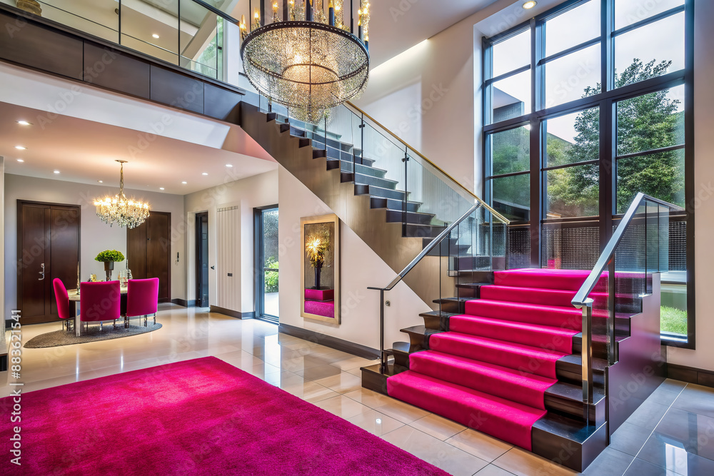 Modern luxury foyer boasts hot pink carpeted stairs with glass railing ...
