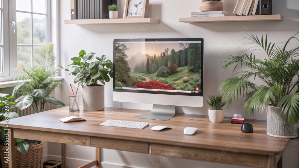 Modern sleek monitor sits atop a tidy wooden desk surrounded by lush ...