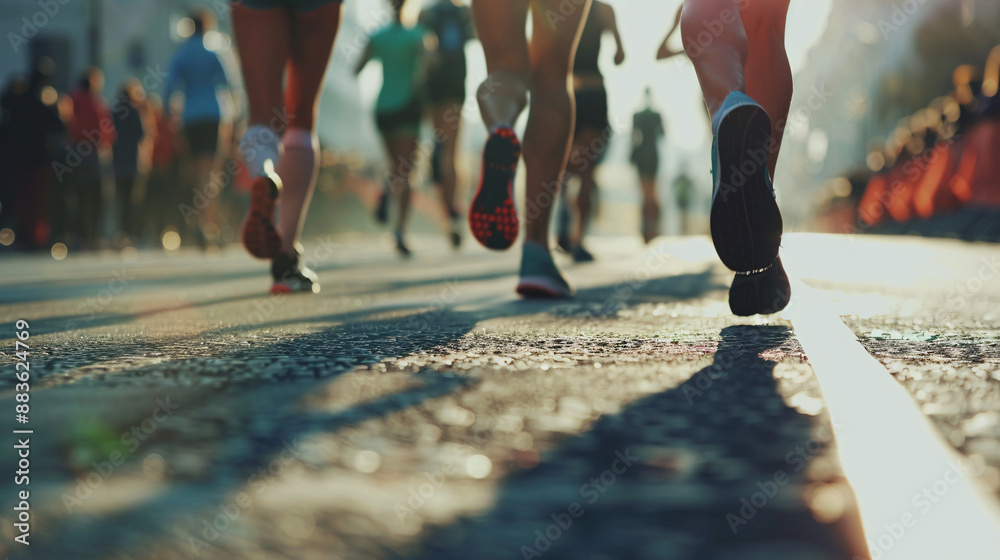 Simming Olympics marathon: runners' feet on the city road, reflecting ...