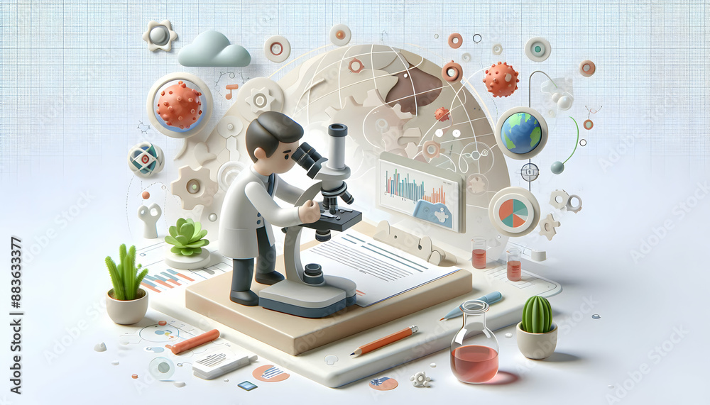 3D Flat Icon Researcher with Microscope Analyzing Research Plan Concept ...