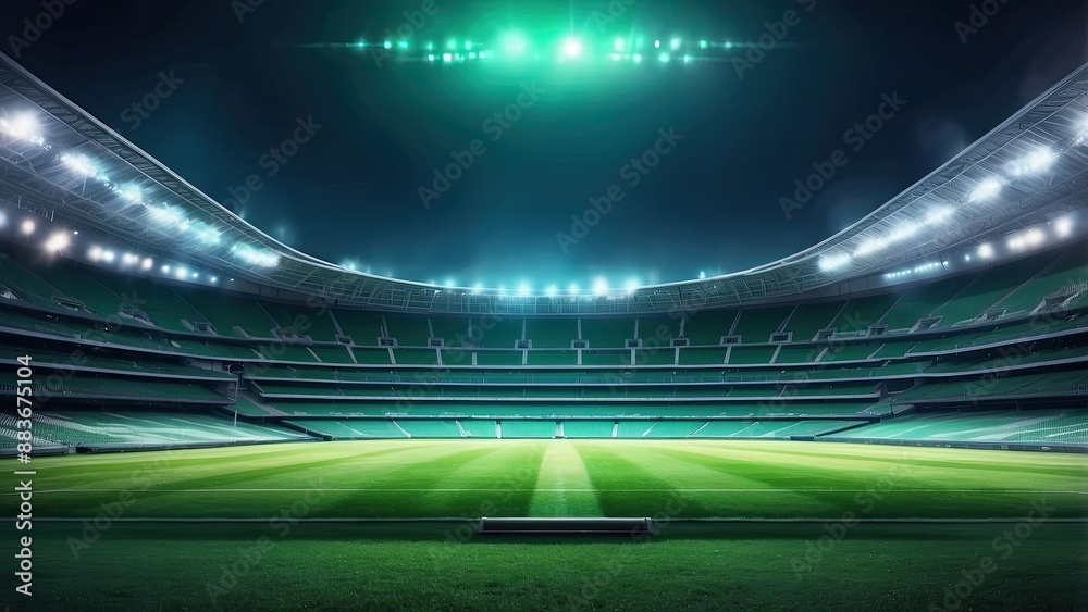 Spectacular sport stadium with glowing floodlights and empty green ...