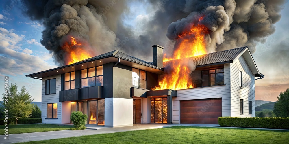 fire in the house fire burning scene of smoke rising the front of a ...