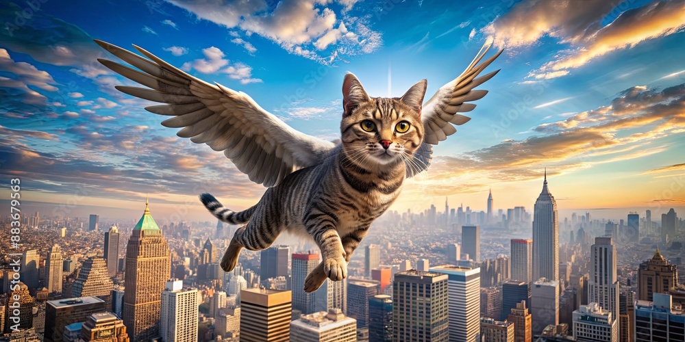 Feline Flight Over the City A Tabby Cat with Feathered Wings Soaring ...