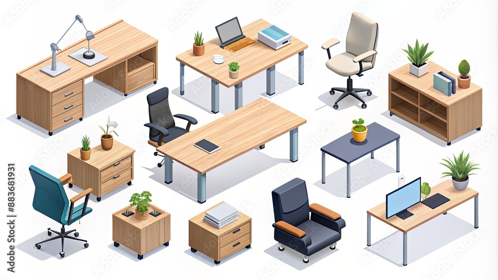 Isometric Office Furniture Set Desks, Chairs, Plants, and Accessories ...