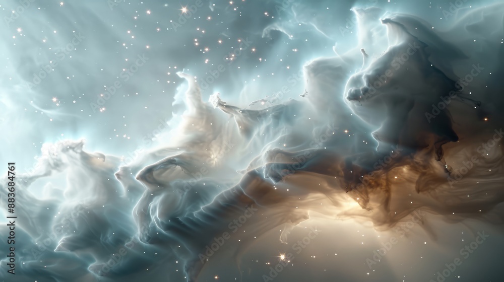 Ethereal nebula in soft pastel hues, wisps of cosmic dust and gas ...