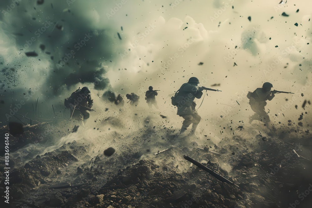dramatic recreation of a world war ii battle scene soldiers advancing ...