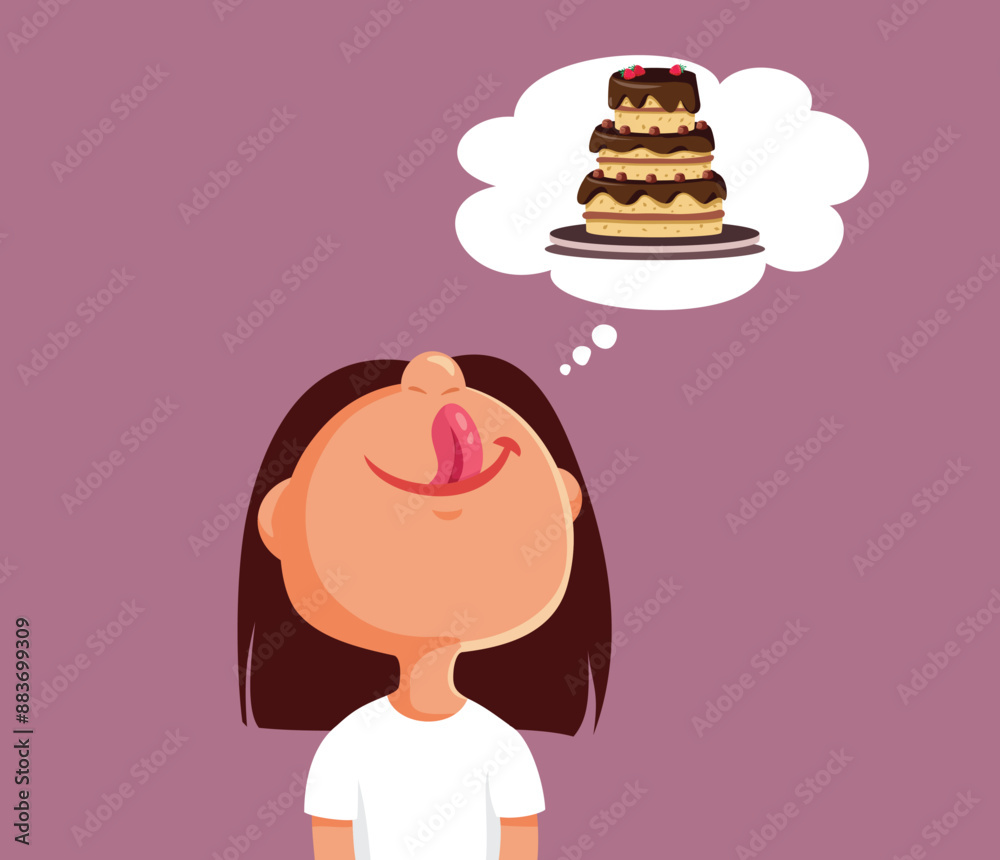 Little Girl Licking Lips Craving for Cake Vector Cartoon. Kid with a ...