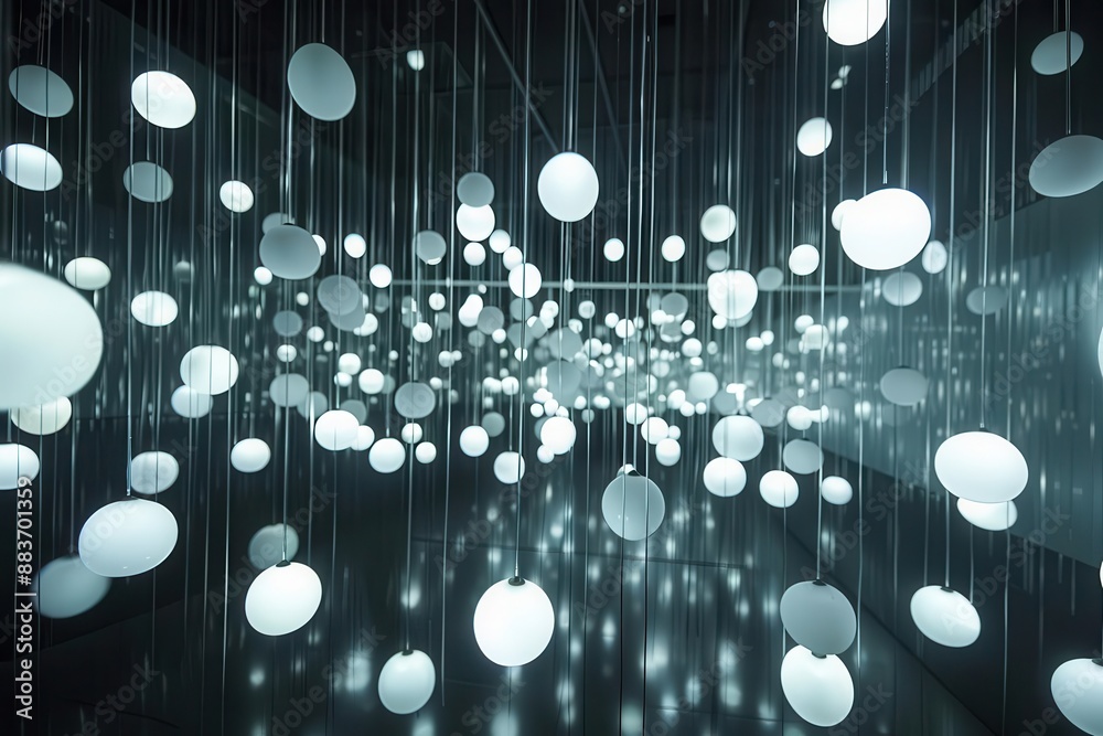 futuristic light installation with glowing orbs suspended in a void ...