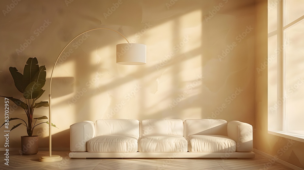 Minimalist living room, white leather sofa, warm ambient lighting ...