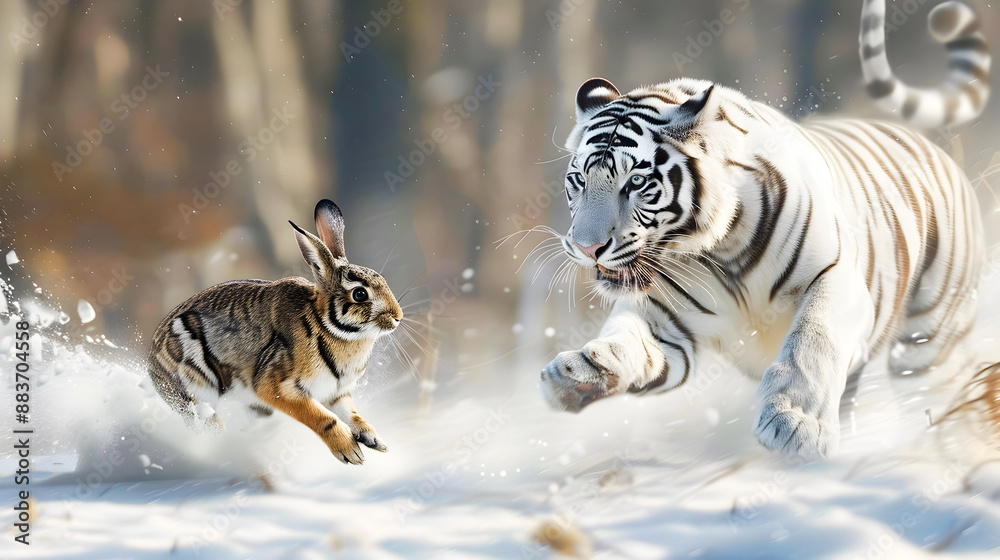 Intense high speed chase between a powerful white tiger and a fleeing ...