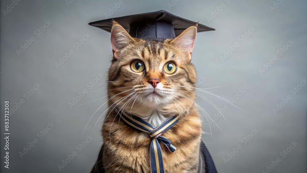Cat wearing graduation cap and gown, celebrating academic achievement ...