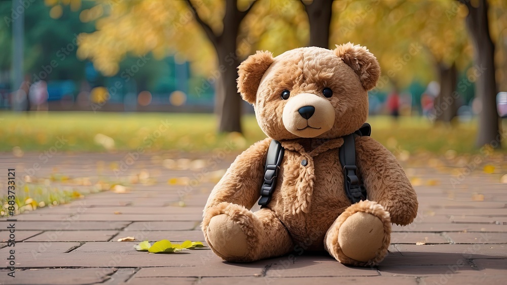 Teddy bear toy lost and found on the playground surface on a dismal ...