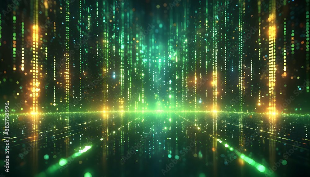 Glowing green abstract lights in a dark, creating a sci-fi atmosphere ...