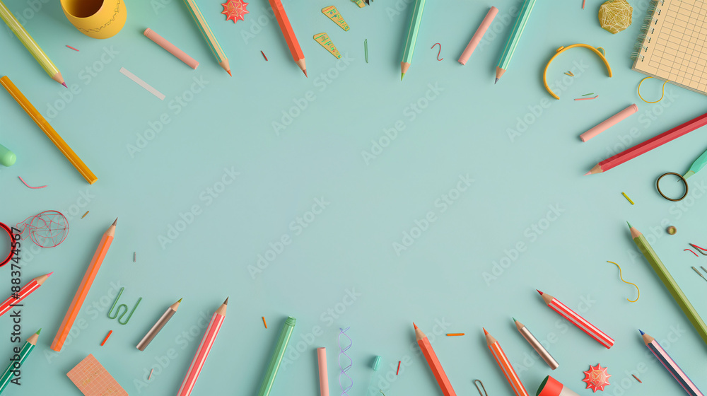 school-themed border featuring colorful markers, scissors, and geometry ...