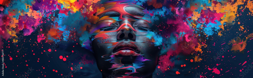 erratic collage of a human face with splashes of colour background of ...