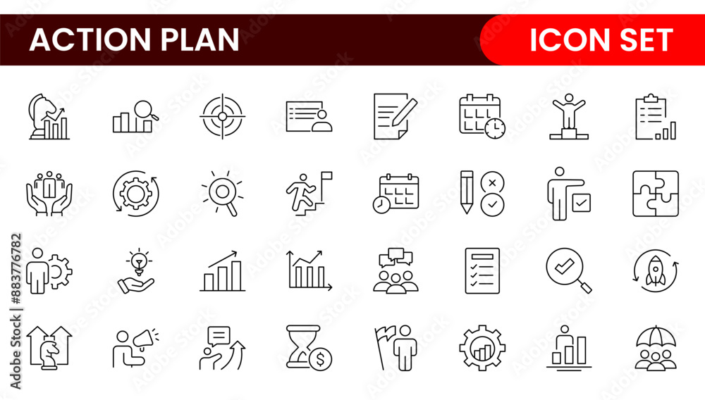 Line icons about action plan. Contains such icons as search strategy ...