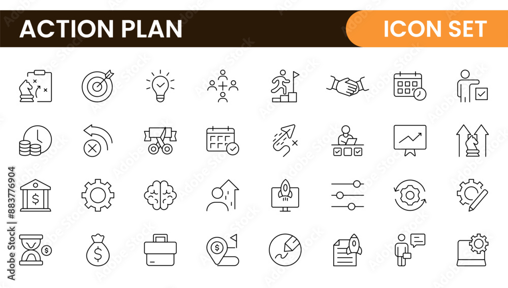 Line icons about action plan. Contains such icons as search strategy ...