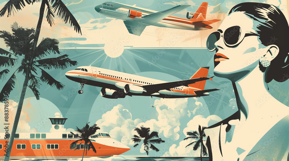 vector illustration, collage poster, publicity for air travel, 1960 ...