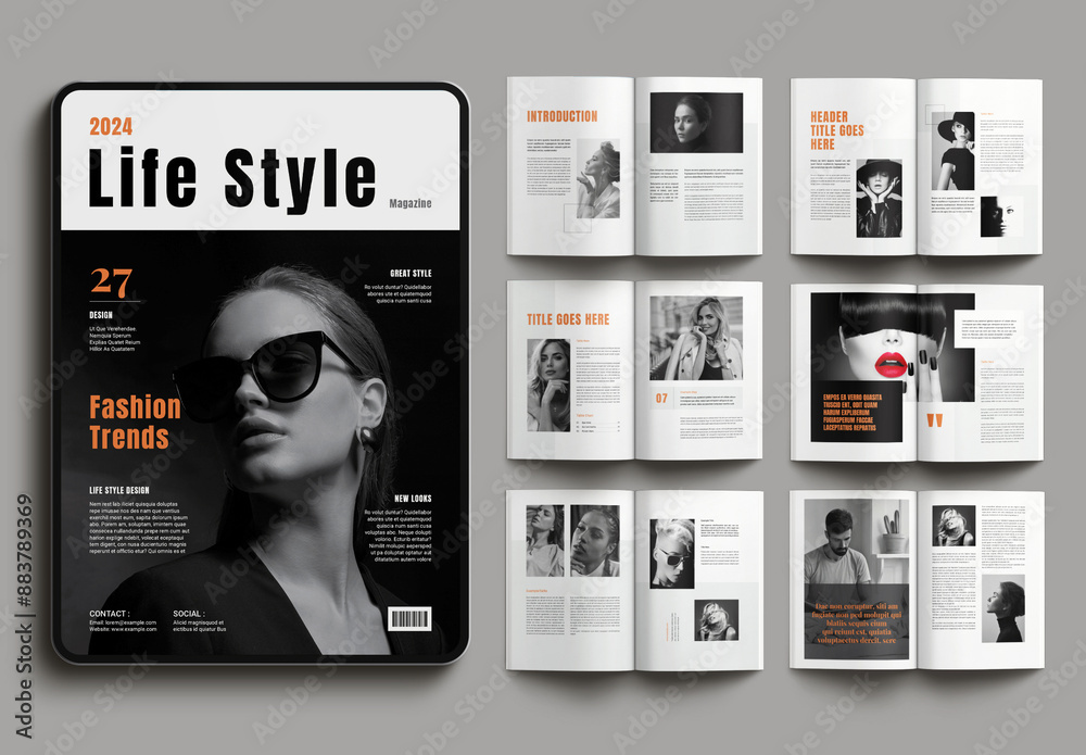 Magazine Layout with Orange Accents Stock Template | Adobe Stock