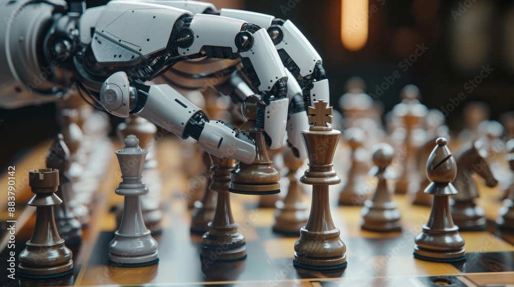 robot hand grasping a chess piece on a classic wooden chessboard ...