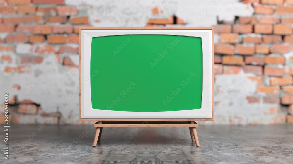 Vintage television with a green screen in front of a rustic brick wall ...