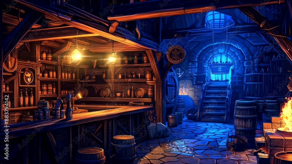 Medieval tavern interior with wooden shelves and candlelight creating a ...