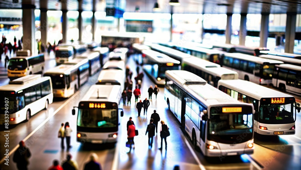 Bus Terminal Blur: A blurred bus terminal with buses and commuters ...