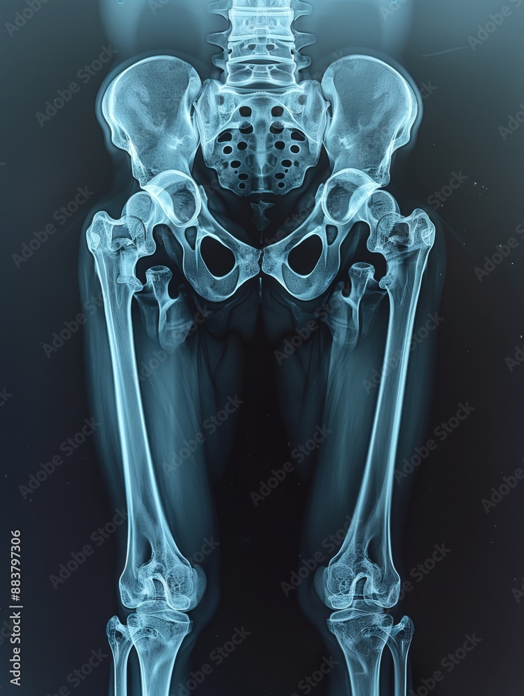 Human pelvic region X-ray, showing the hip bones, femur, and part of ...