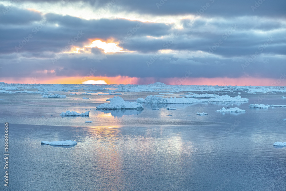 Antarctica, frozen and sunset with frost in ocean for cold ecosystem of ...