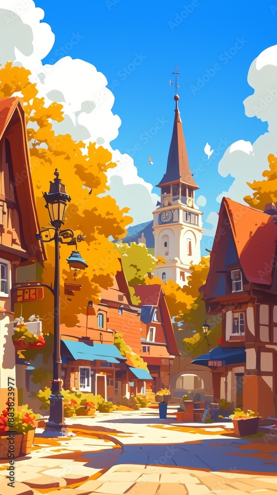 Cute cartoon landscape of a charming small town, main street and church ...