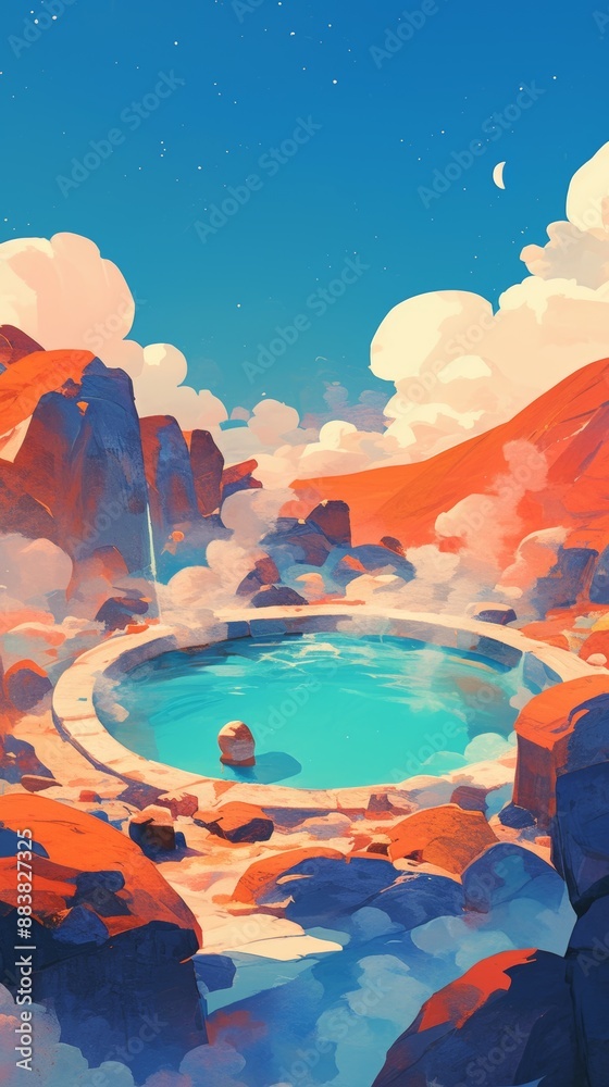 Cute cartoon landscape with a bubbling hot spring, steam and rocky ...