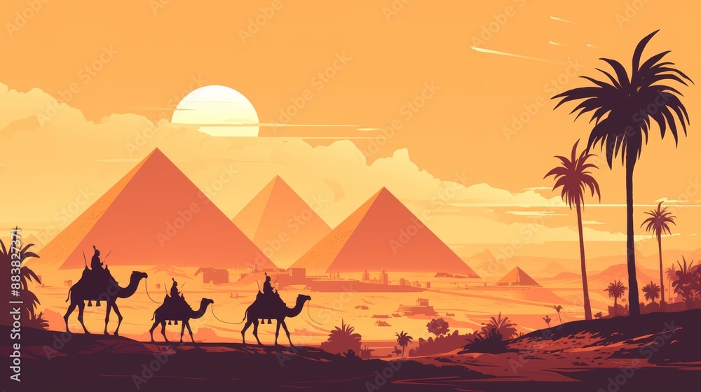 Cute cartoon landscape of the Great Pyramids of Giza with camels in the ...