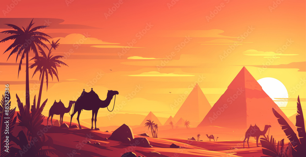 Cute cartoon landscape of the Great Pyramids of Giza with camels in the ...