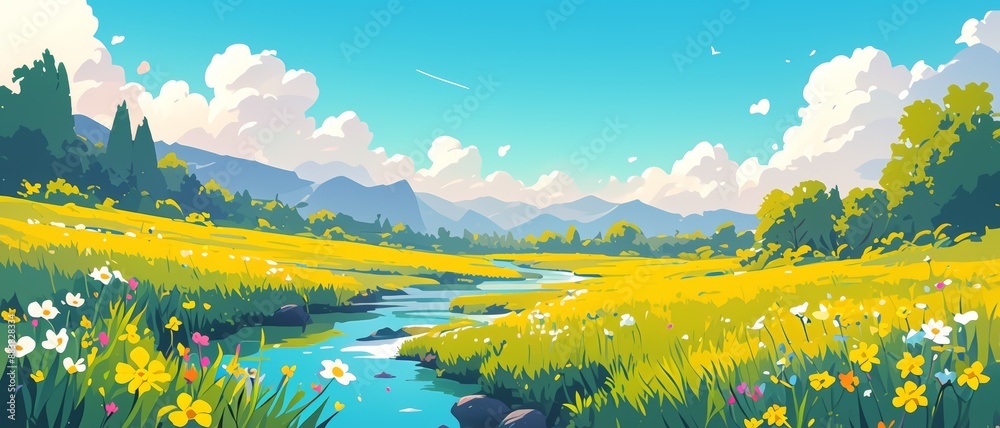 Cute cartoon landscape with a rustic wildflower meadow, tumbling stream ...