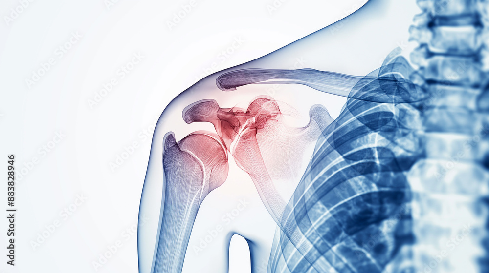 X-ray of a shoulder joint with highlighted red areas indicating pain or ...