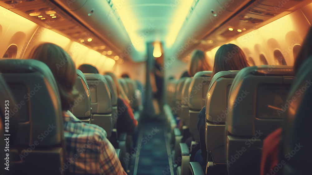 Passenger seat, Interior of airplane with passengers sitting on seats ...