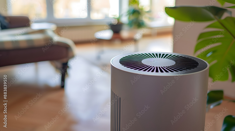 Close-up of an air purifier with a digital display showing air quality ...