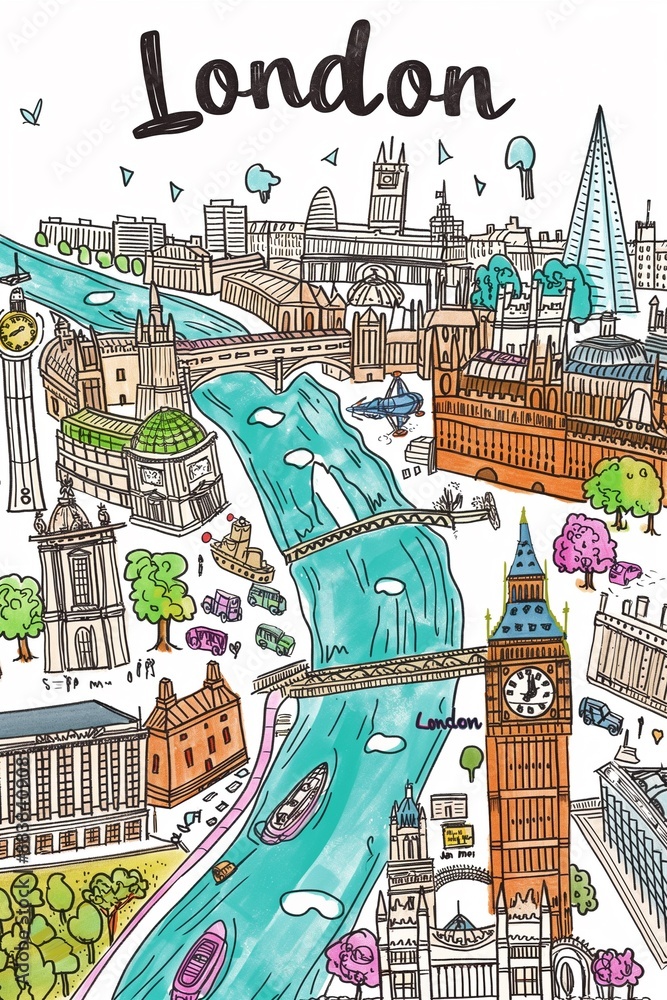 Playful hand-drawn map of London with iconic landmarks. Artistic and ...