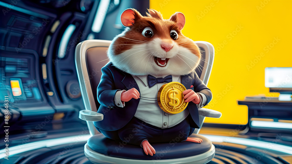Rich hamster wearing business suit sitting in chair in cyberspace and ...