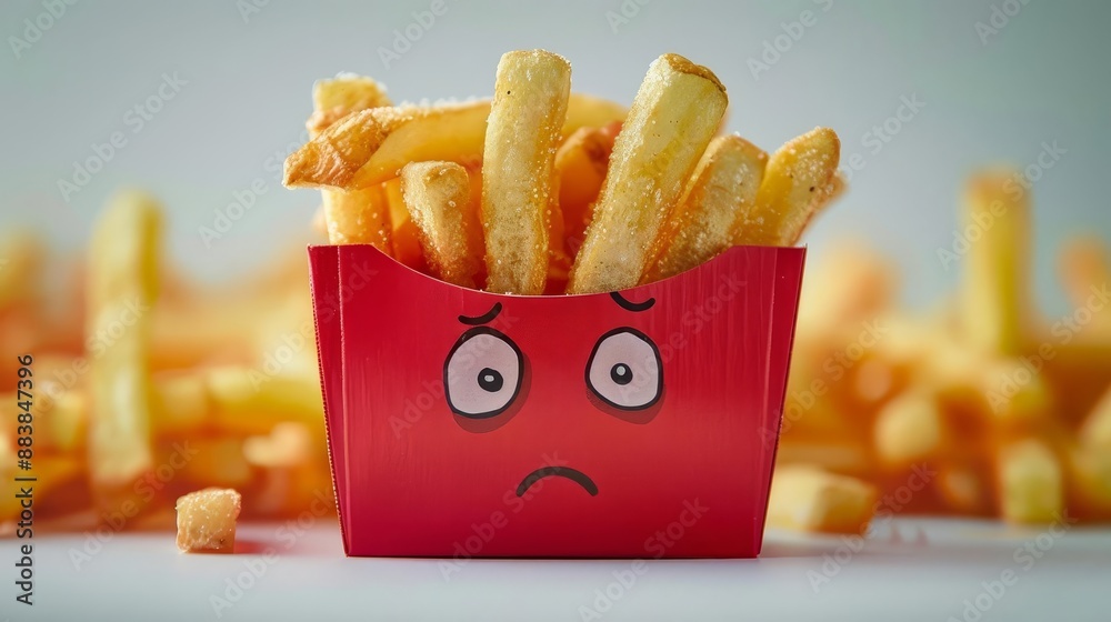 Cute emoticon French fries in red carton box with sad face, surrounded ...