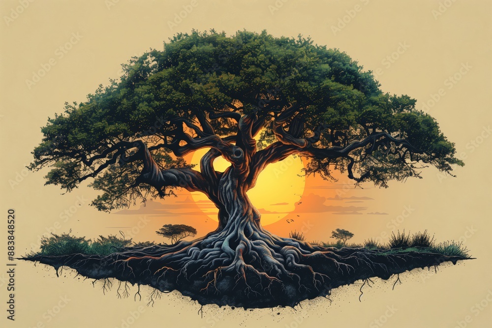 Ancient Tree with Deep Roots Vector illustration of a majestic ancient ...