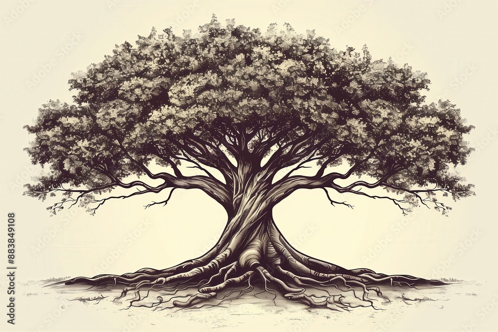 Ancient Tree with Sprawling Roots Vector illustration focusing on the ...