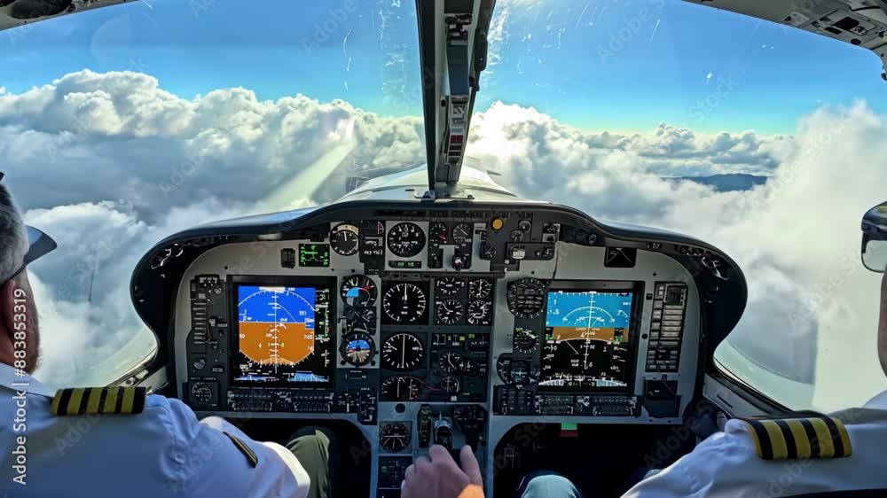 Aviators inside airplane cockpit cabin. Pilots men sit front dashboard ...