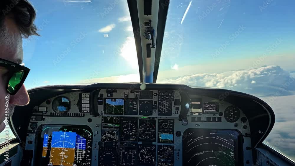 Aviators inside airplane cockpit cabin. Pilots men sit front dashboard ...