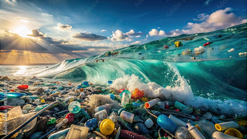 Plastic pollution in ocean waves, a pressing global issue, plastic ...