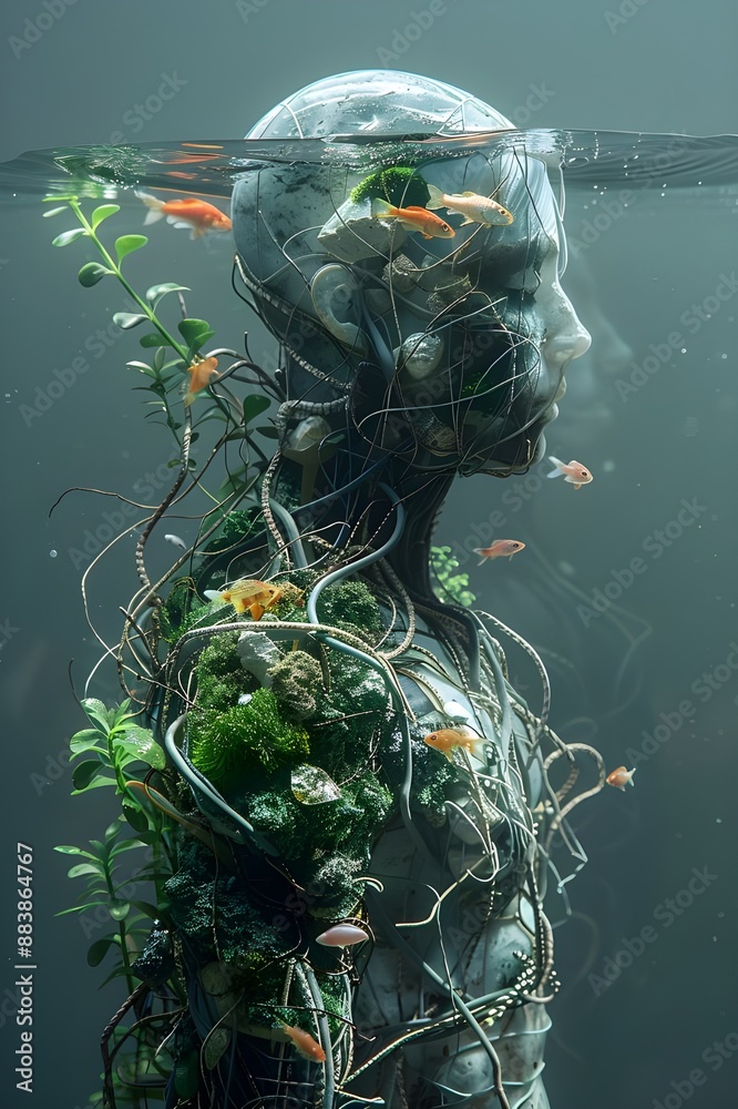 In studio lighting, a humanoid figure with a fish tank head filled with ...